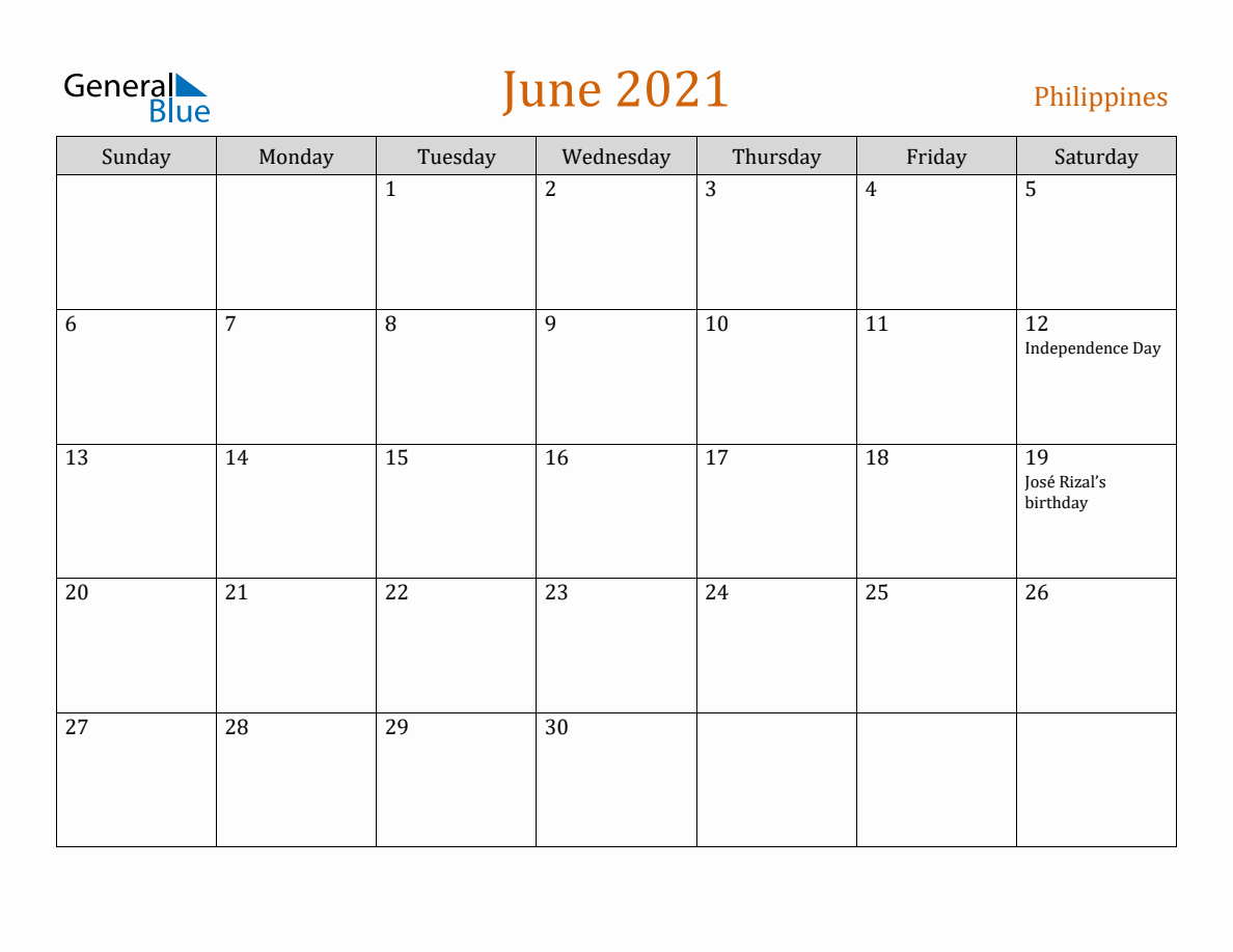 Free June 2021 Philippines Calendar