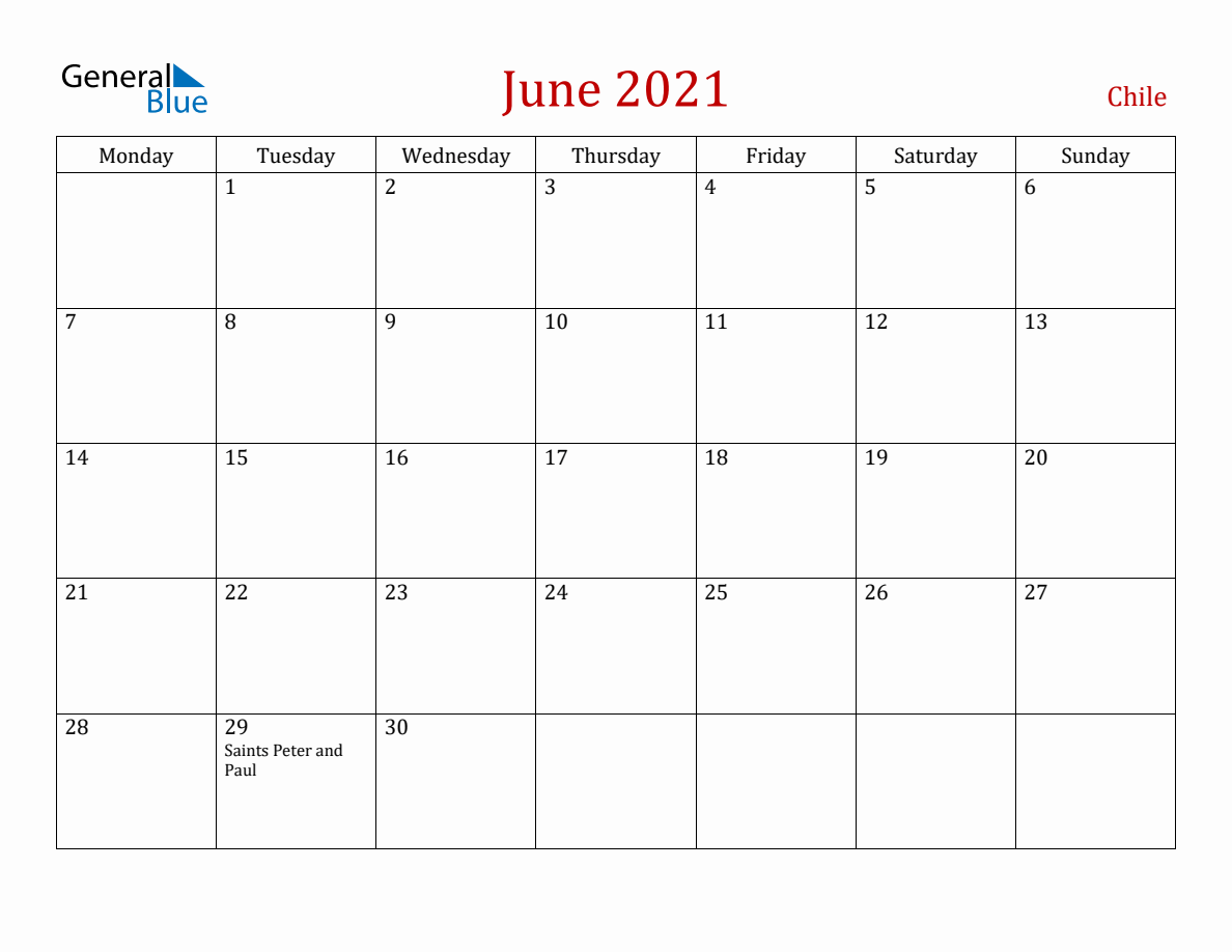 June 2021 Chile Monthly Calendar with Holidays