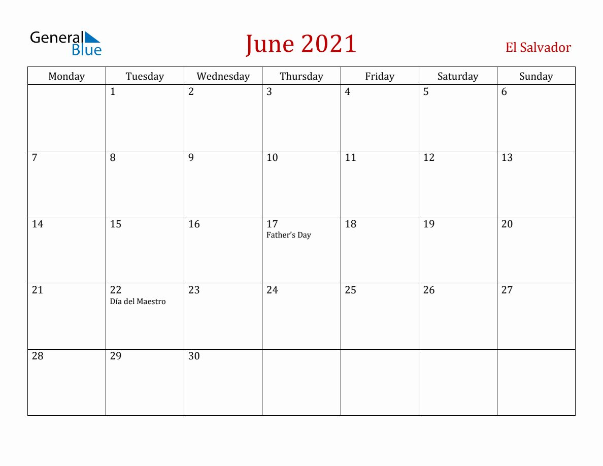 June 2021 El Salvador Monthly Calendar with Holidays