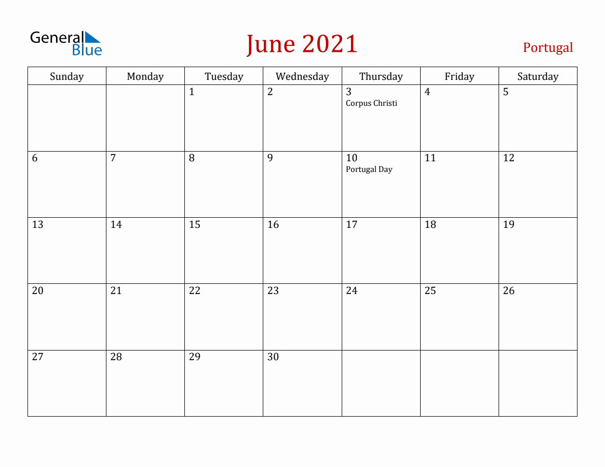 June 2021 Portugal Monthly Calendar with Holidays