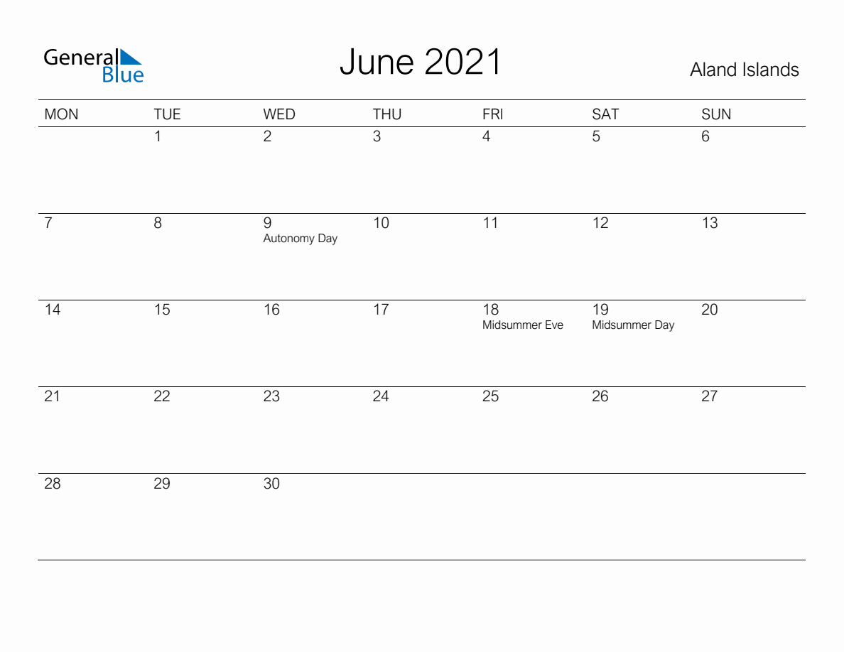 Printable June 2021 Monthly Calendar with Holidays for Aland Islands ...