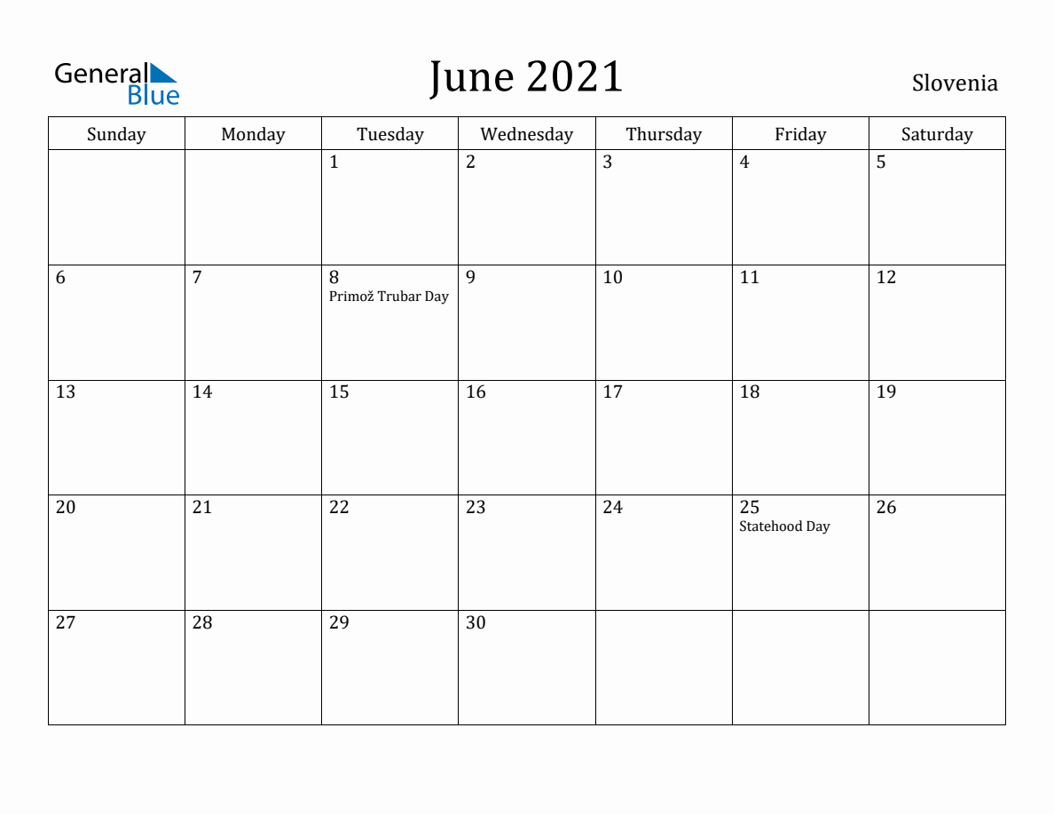 June 2021 Monthly Calendar with Slovenia Holidays