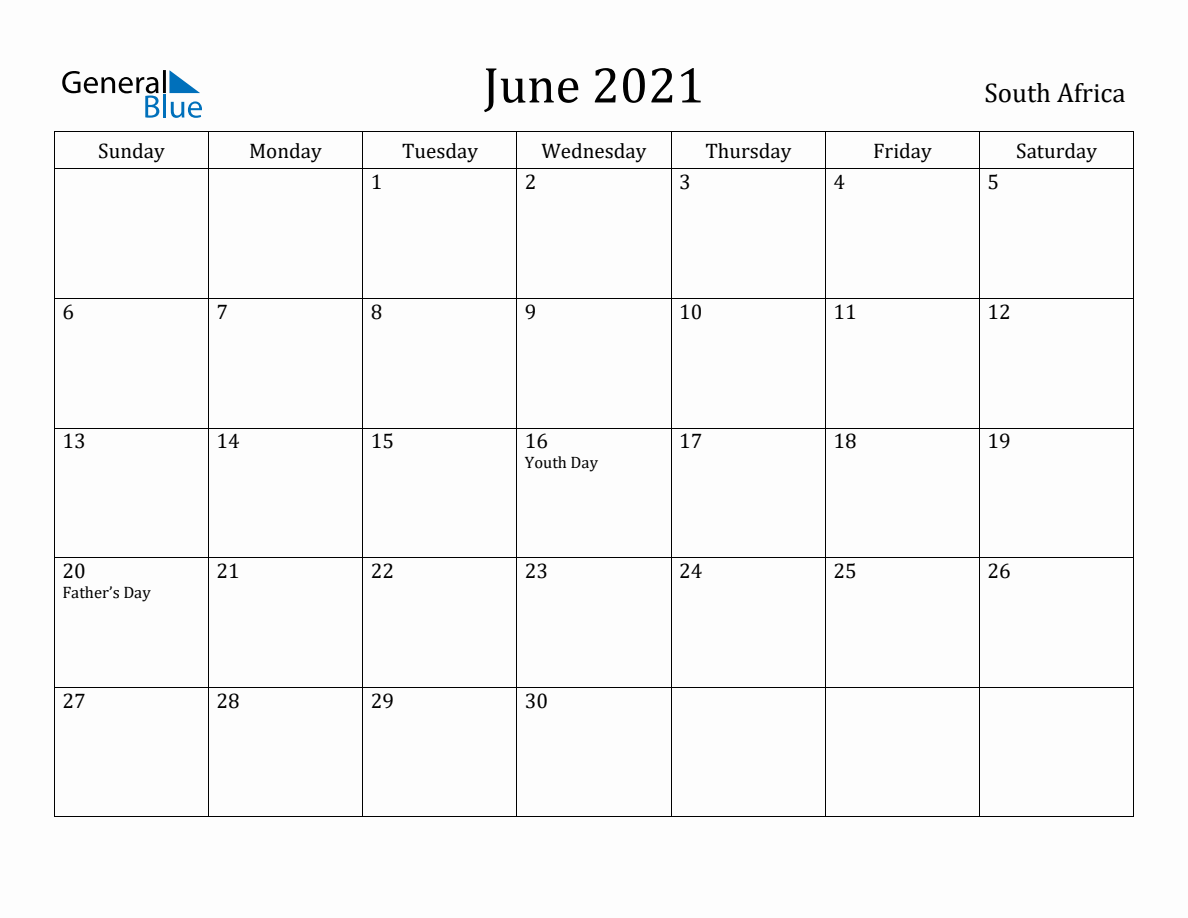 June 2021 Monthly Calendar with South Africa Holidays