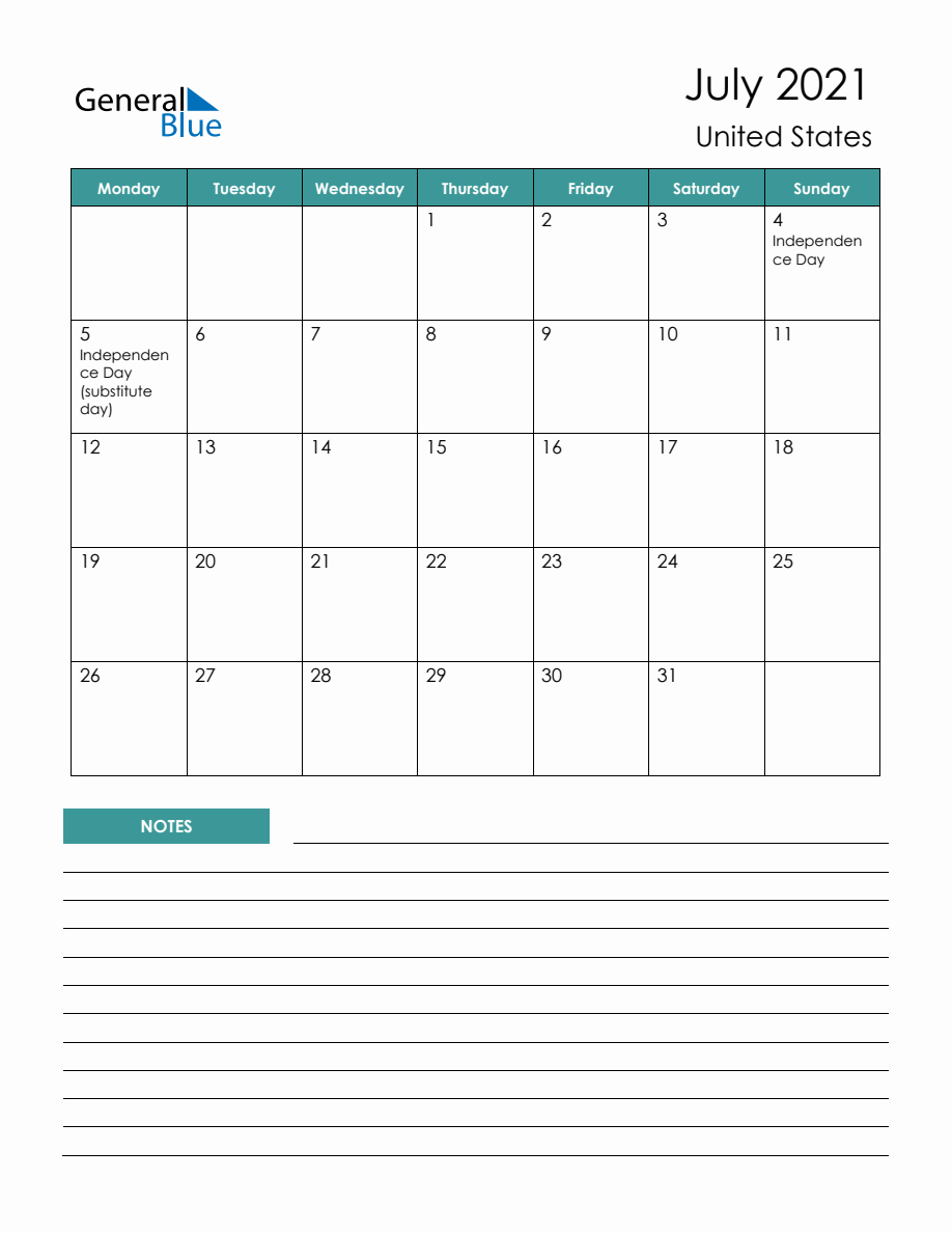Monthly Planner with United States Holidays - July 2021 (Monday Start)