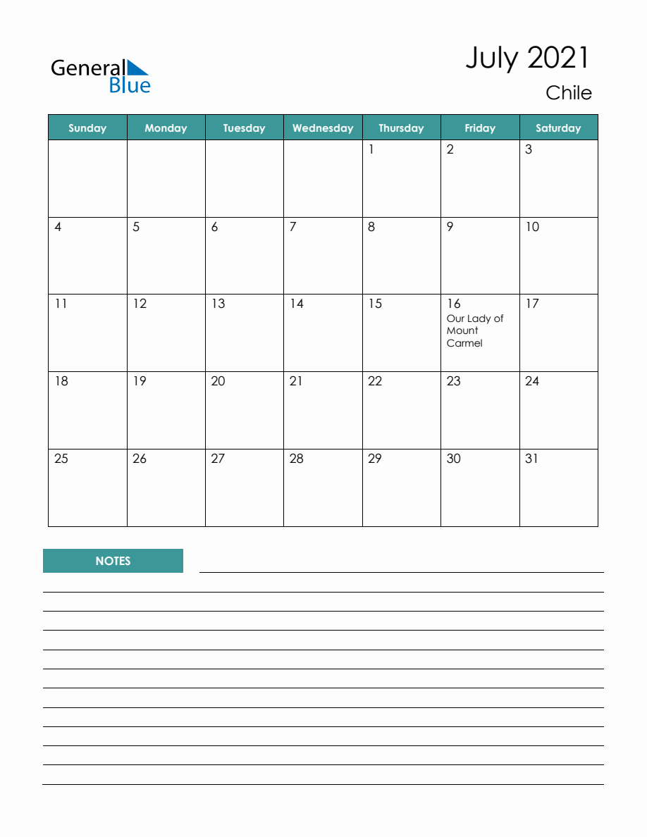 Monthly Planner with Chile Holidays - July 2021