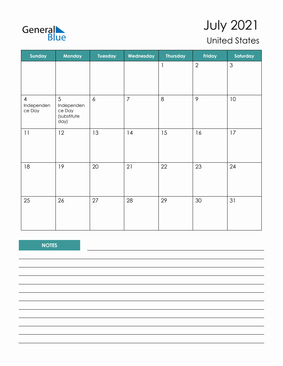 Monthly Planner with United States Holidays - July 2021