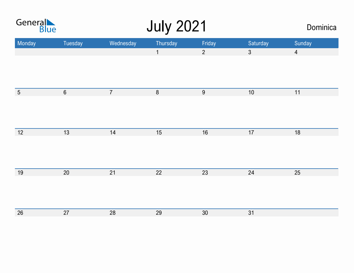 Editable July 2021 Calendar with Dominica Holidays (Monday Start)