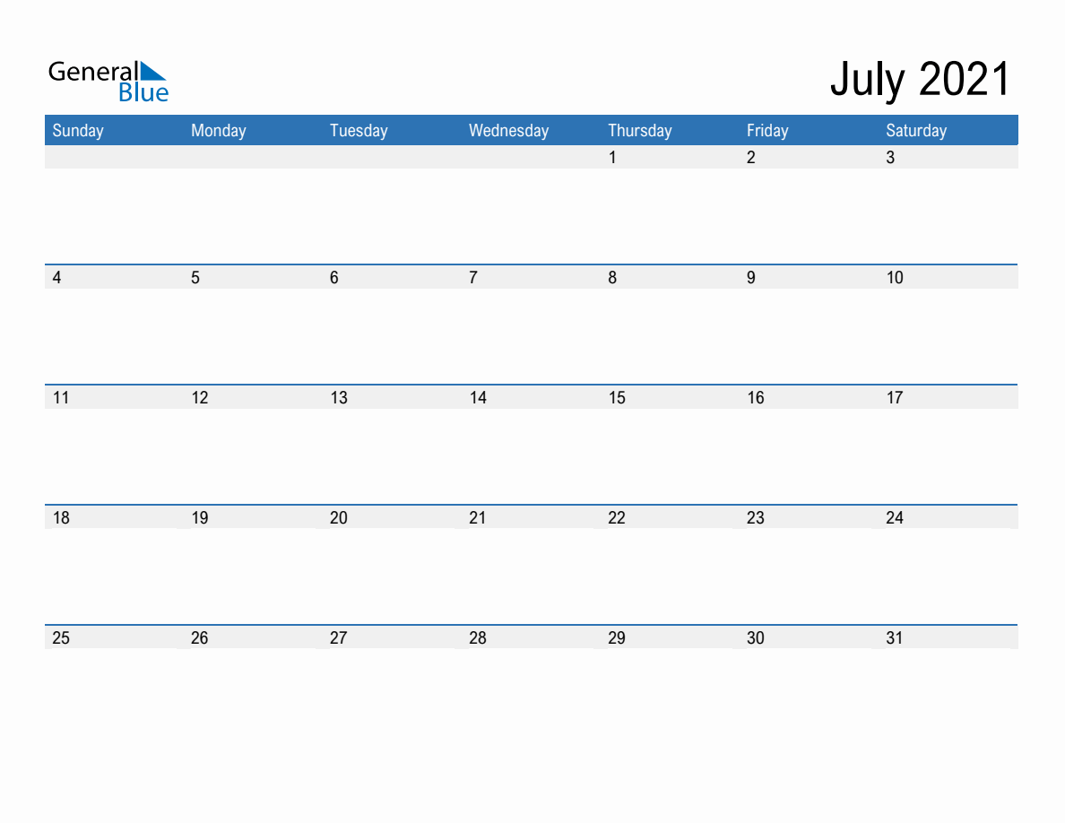 July 2021 Monthly Calendar (PDF, Word, Excel)