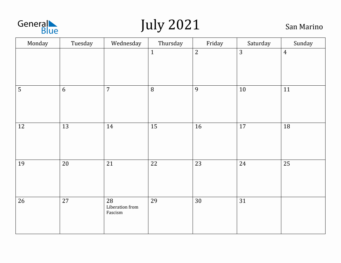 San Marino Monthly Calendar - July 2021 (Monday Start)