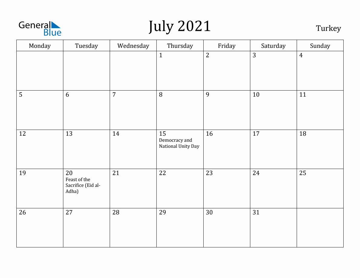 Turkey Monthly Calendar - July 2021 (Monday Start)