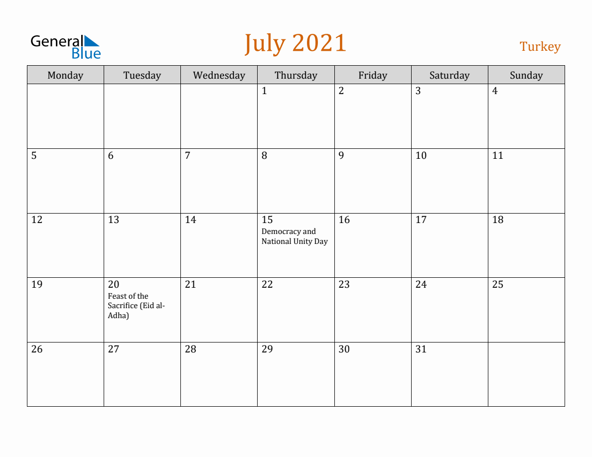 Free July 2021 Turkey Calendar