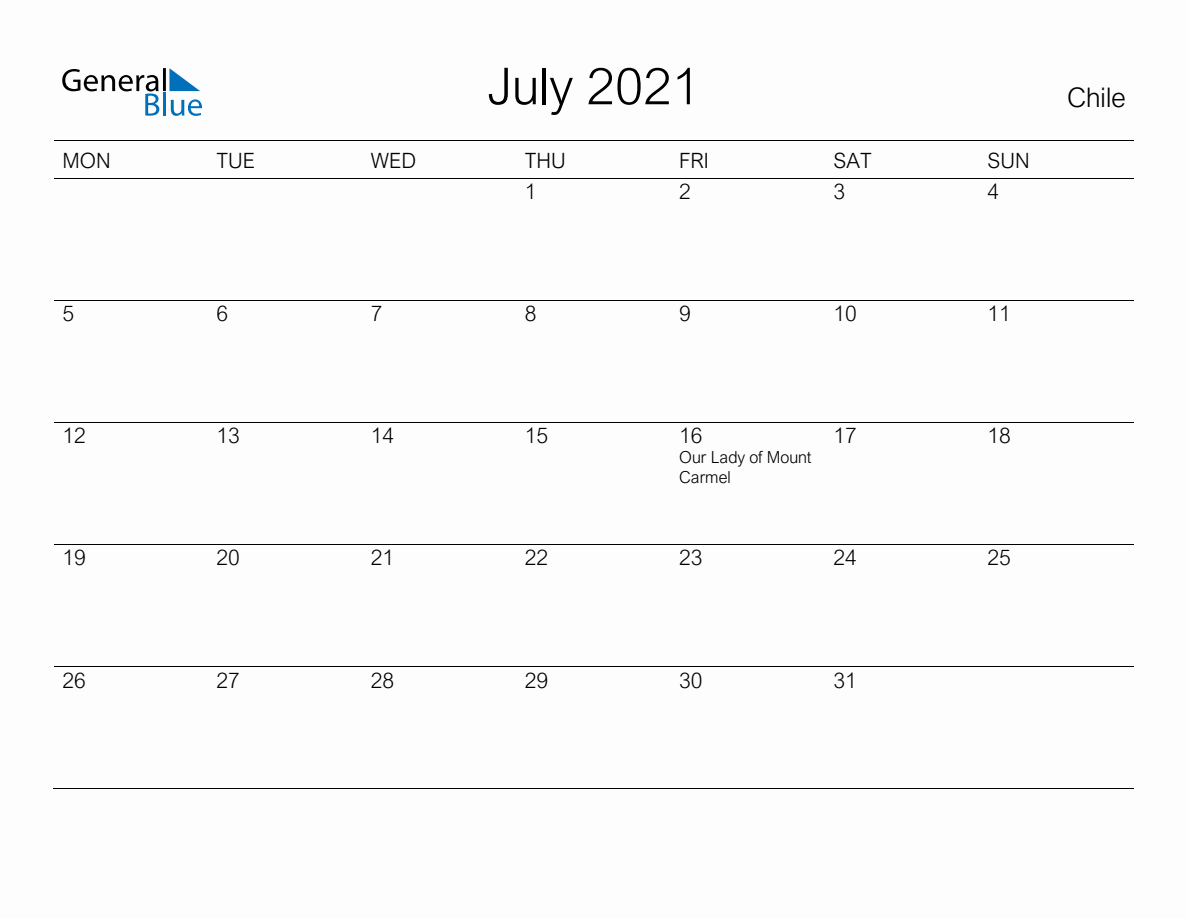 Printable July 2021 Monthly Calendar with Holidays for Chile (Monday Start)