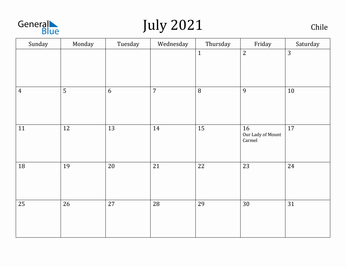July 2021 Monthly Calendar with Chile Holidays