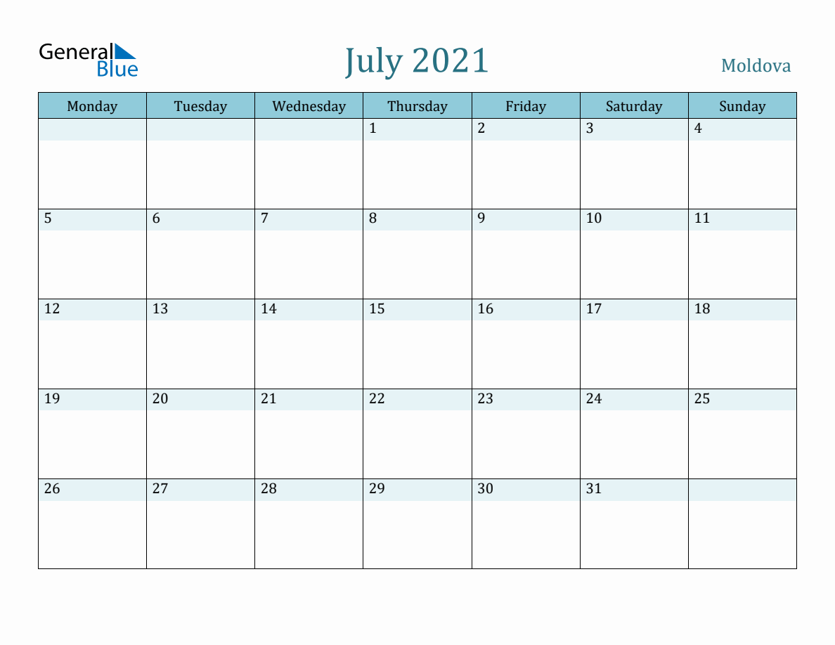 Moldova Holiday Calendar for July 2021 (Monday Start)