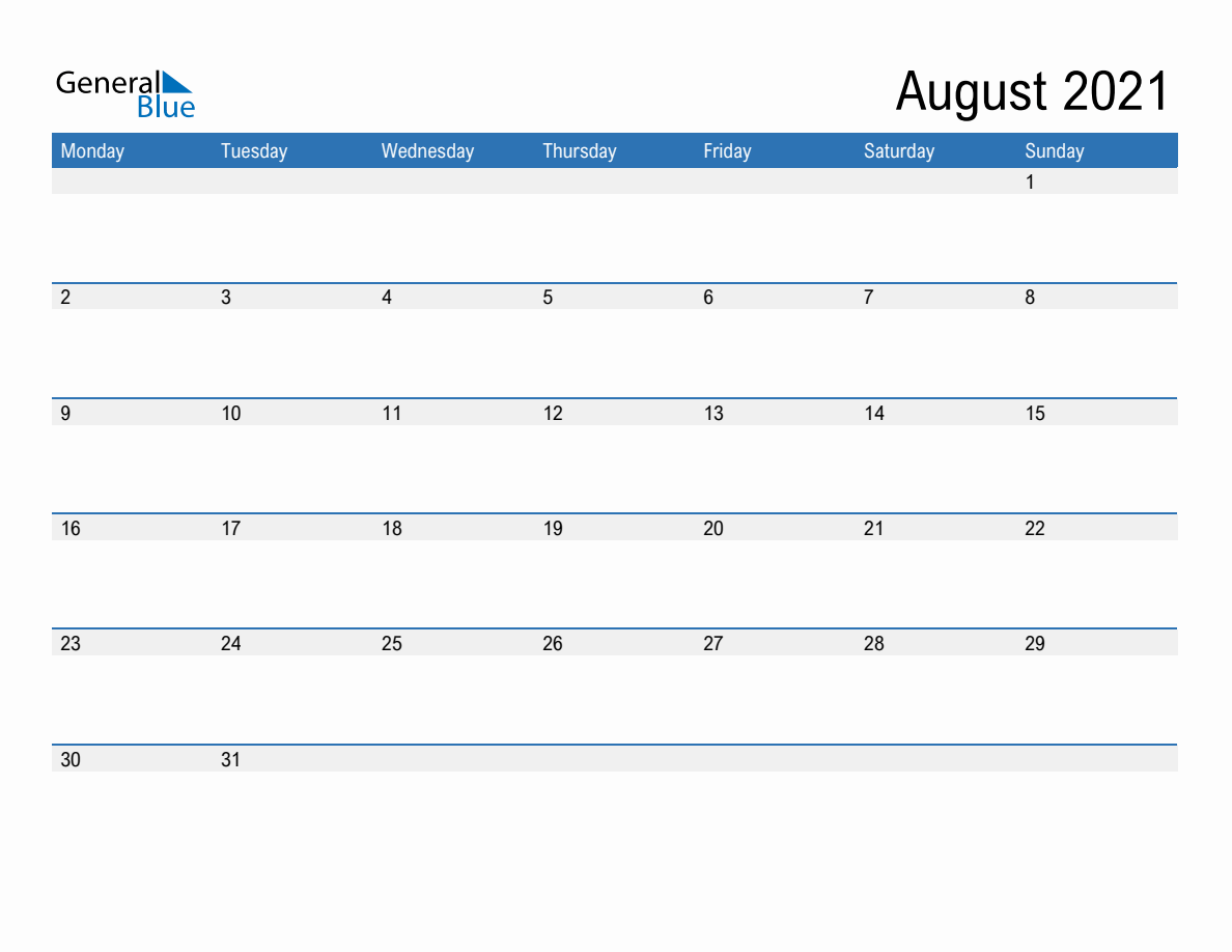 Editable Calendar Template for August 2021 - Monday Start