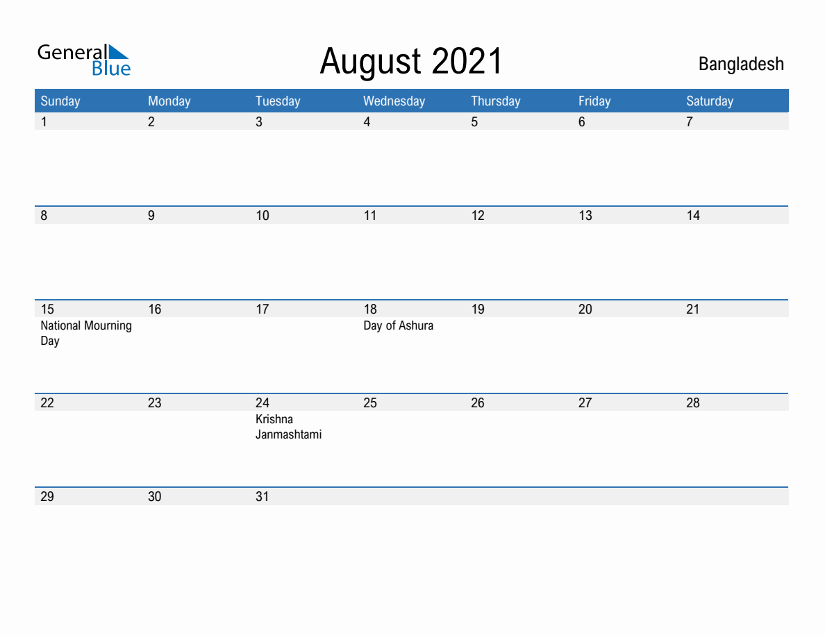 August 2021 Monthly Calendars with Bangladesh Holidays