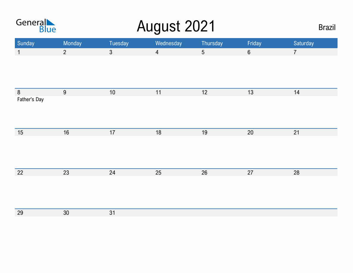 August 2021 Monthly Calendars with Brazil Holidays