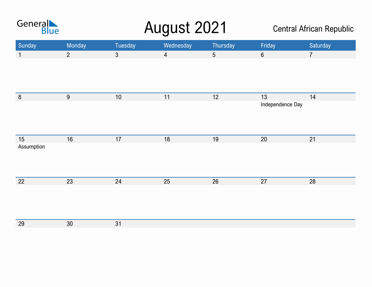 August 2021 Monthly Calendars with Central African Republic Holidays