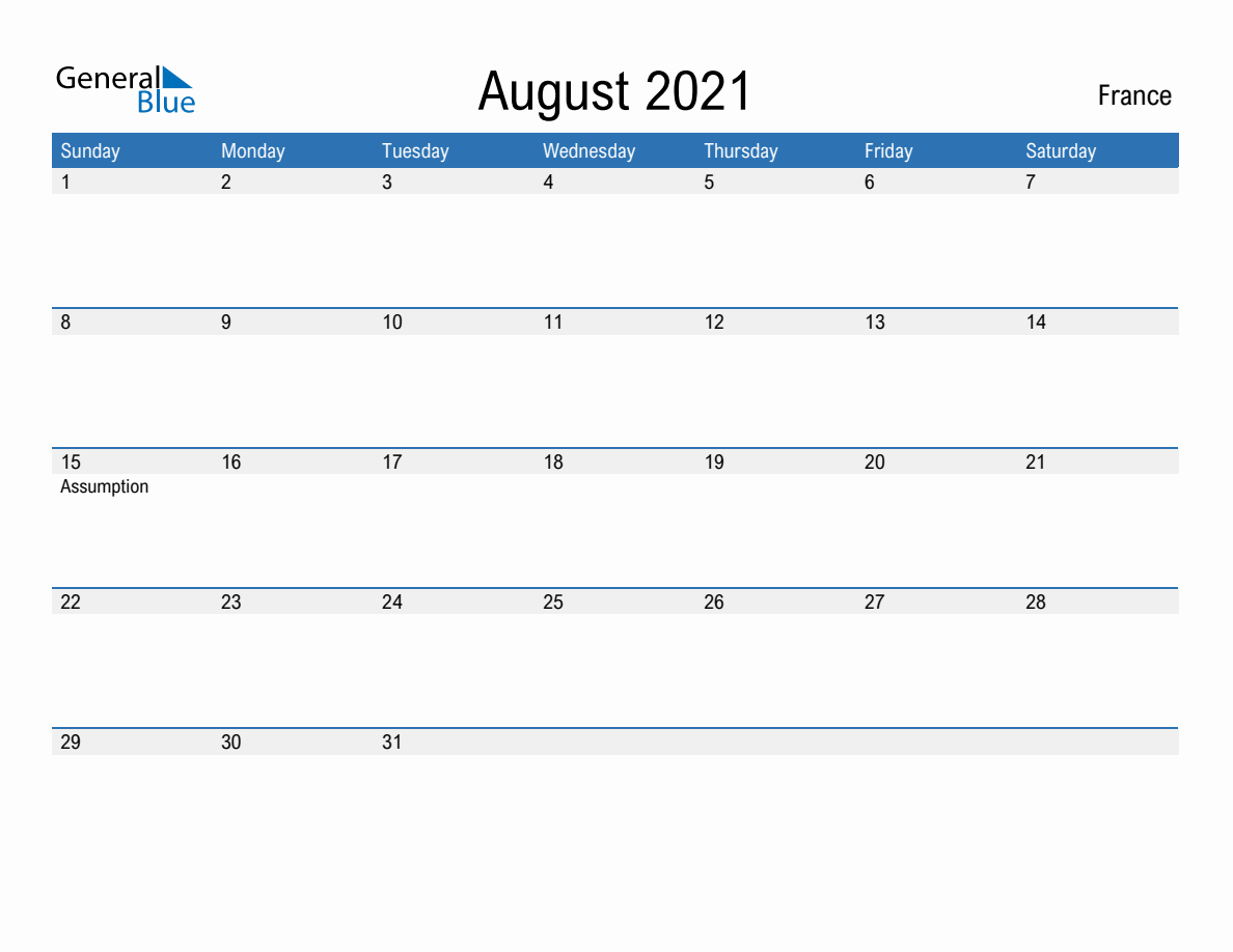 August 2021 Monthly Calendars with France Holidays