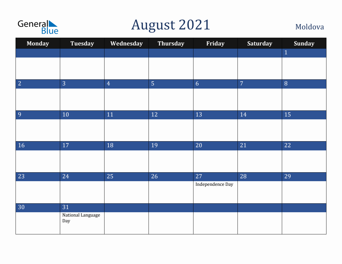 August 2021 Moldova Holiday Calendar (Monday Start)