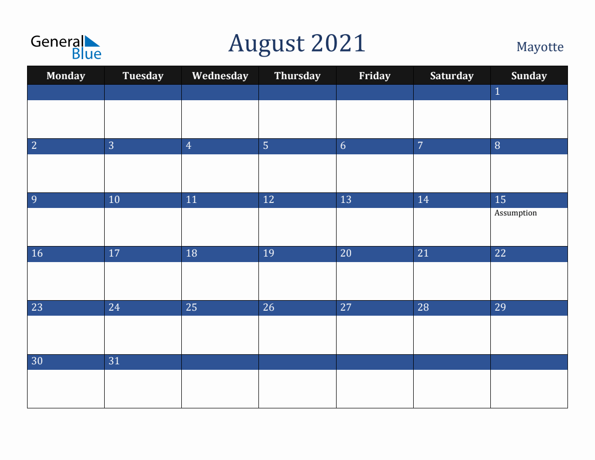 August 2021 Mayotte Holiday Calendar (Monday Start)