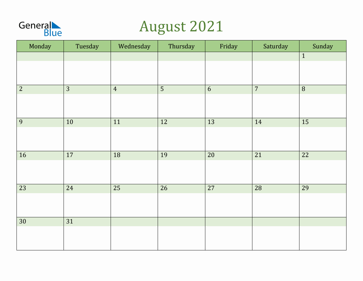 Fillable August 2021 Calendar