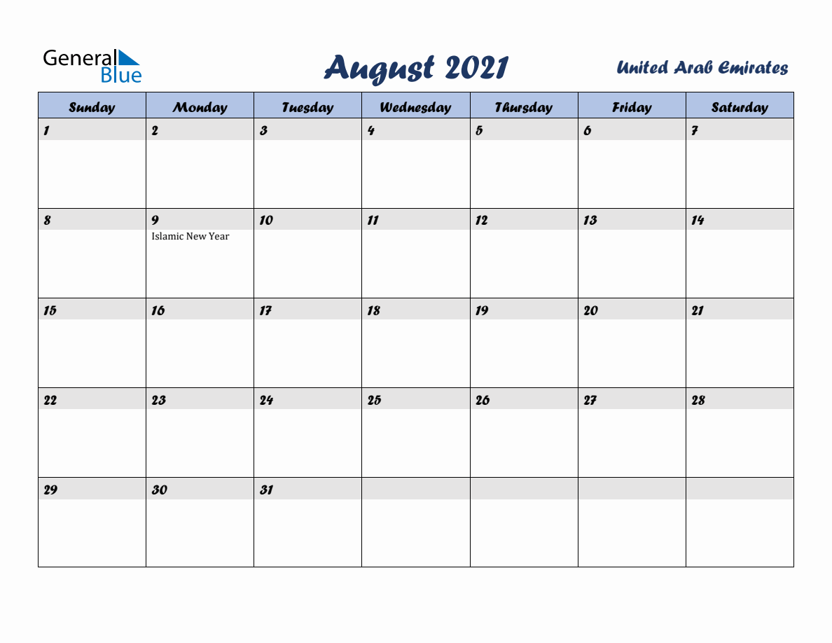 August 2021 Monthly Calendar Template with Holidays for United Arab ...
