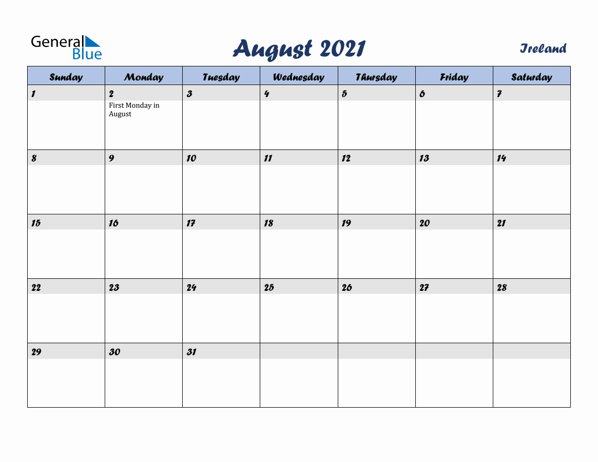 August 2021 Monthly Calendar Template with Holidays for Ireland