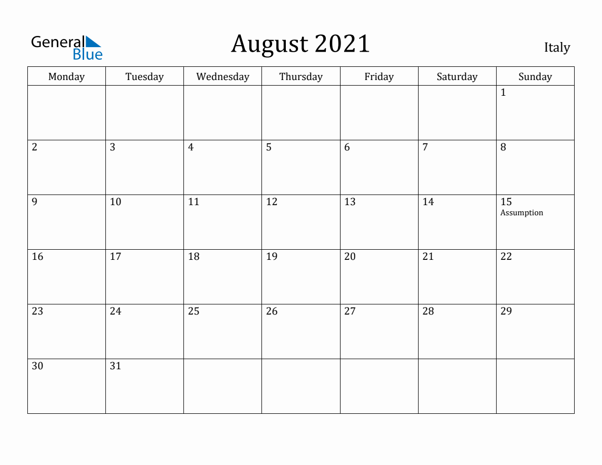 Italy Monthly Calendar - August 2021 (Monday Start)