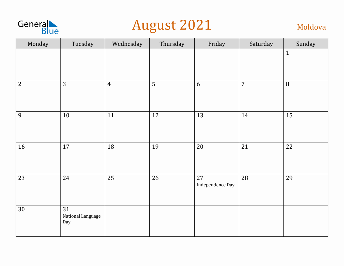 Free August 2021 Moldova Calendar (Monday Start)