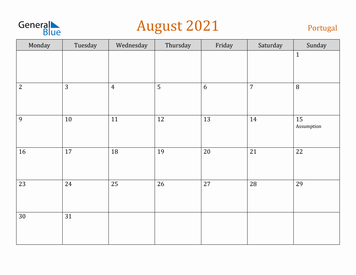Free August 2021 Portugal Calendar (Monday Start)