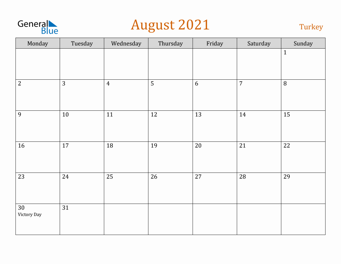 Free August 2021 Turkey Calendar