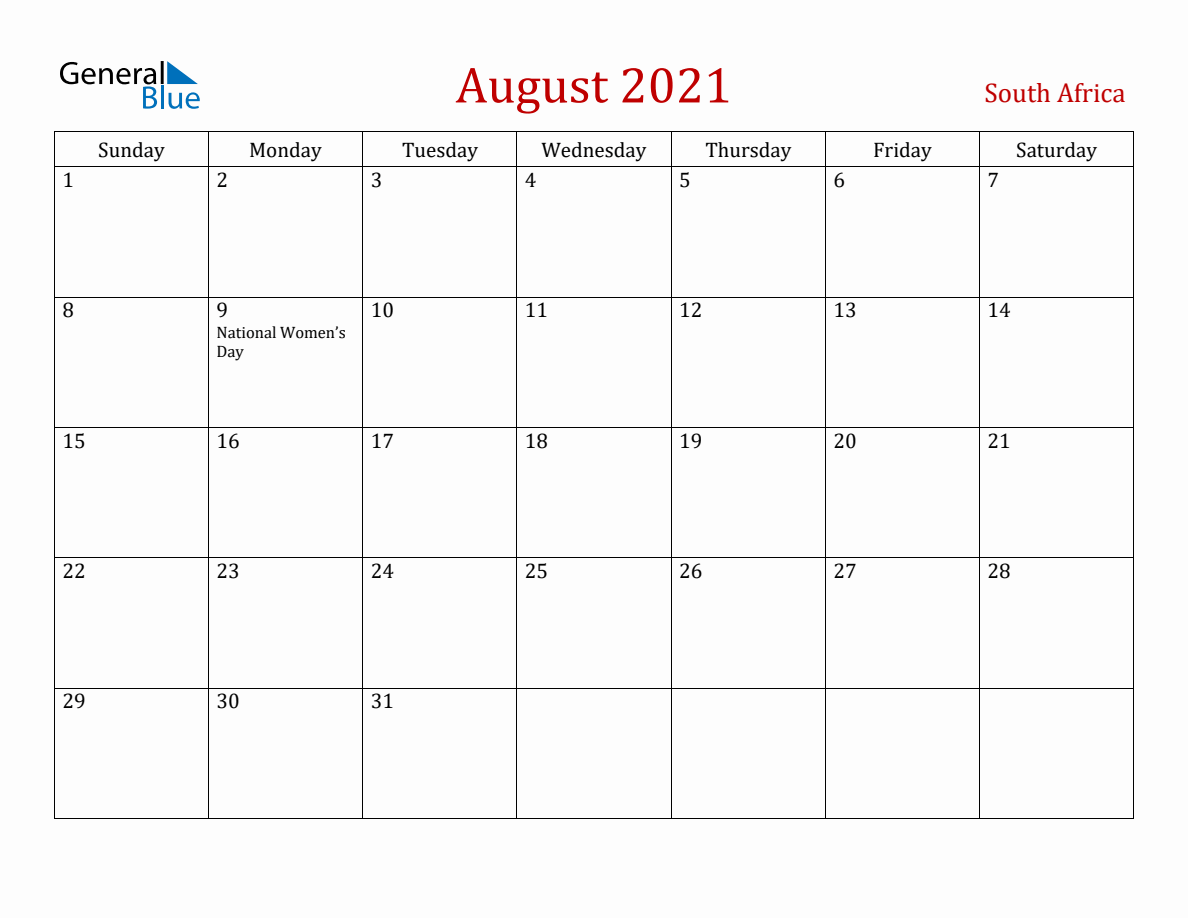 August 2021 South Africa Monthly Calendar with Holidays