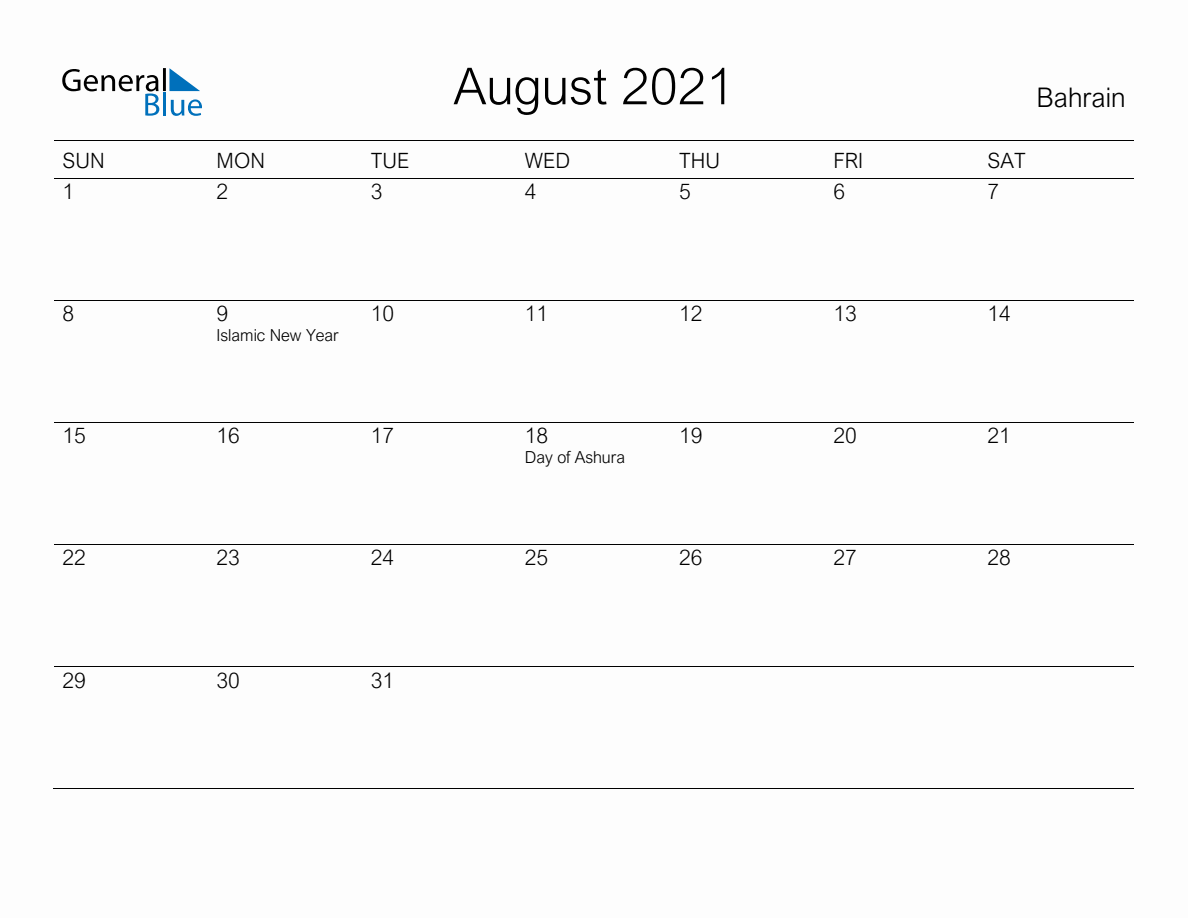 Printable August 2021 Monthly Calendar with Holidays for Bahrain