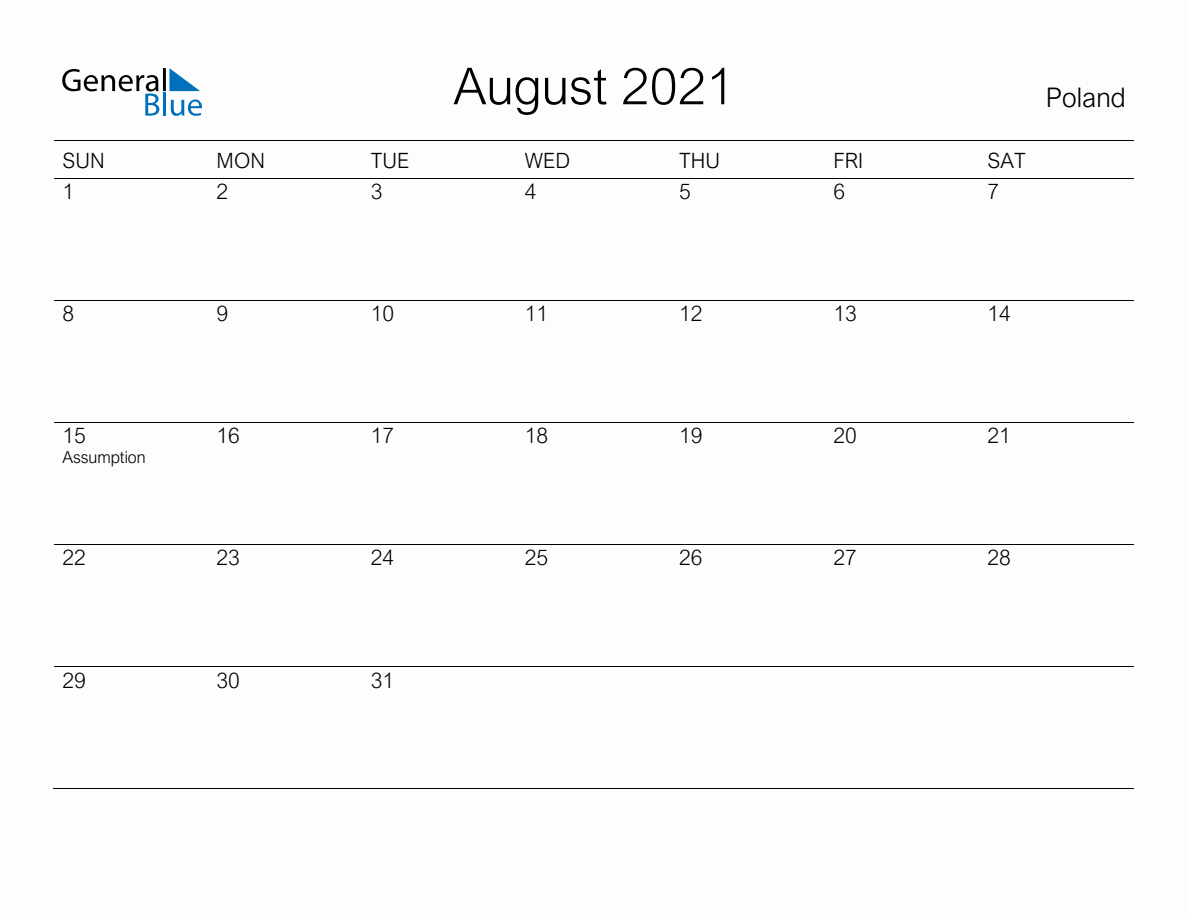 Printable August 2021 Monthly Calendar with Holidays for Poland
