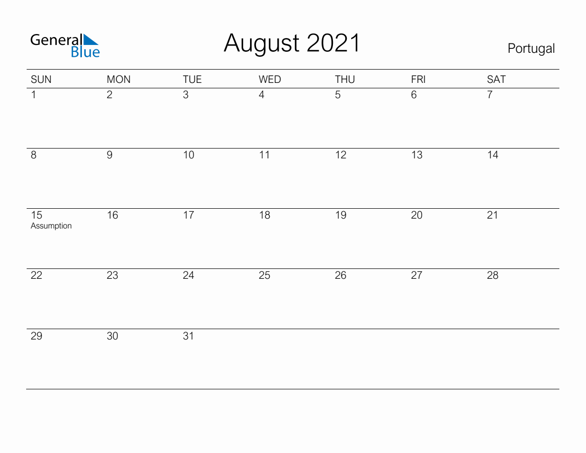 Printable August 2021 Monthly Calendar with Holidays for Portugal