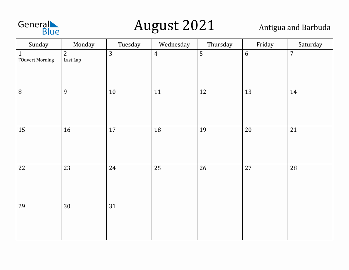 August 2021 Monthly Calendar with Antigua and Barbuda Holidays