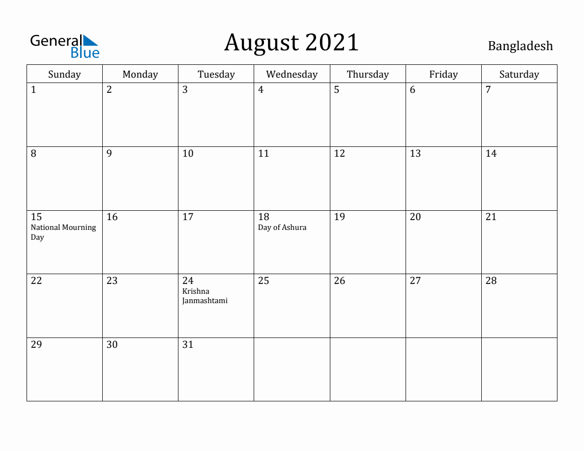 August 2021 Monthly Calendar with Bangladesh Holidays