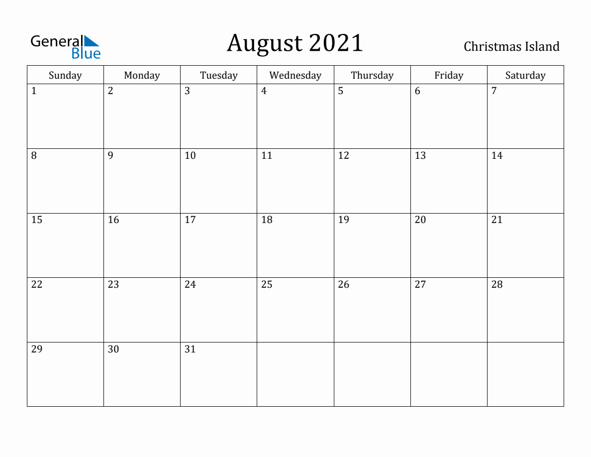 August 2021 Monthly Calendar with Christmas Island Holidays