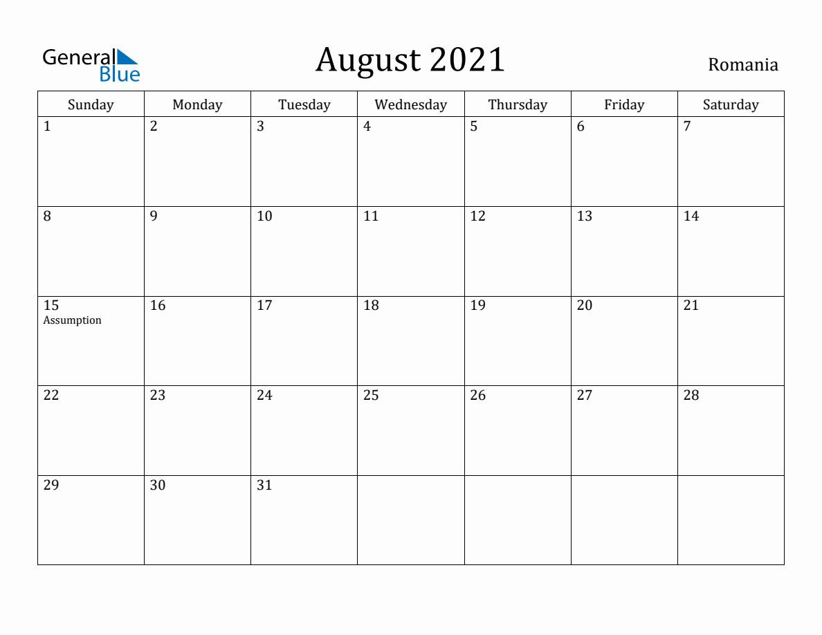 August 2021 Monthly Calendar with Romania Holidays