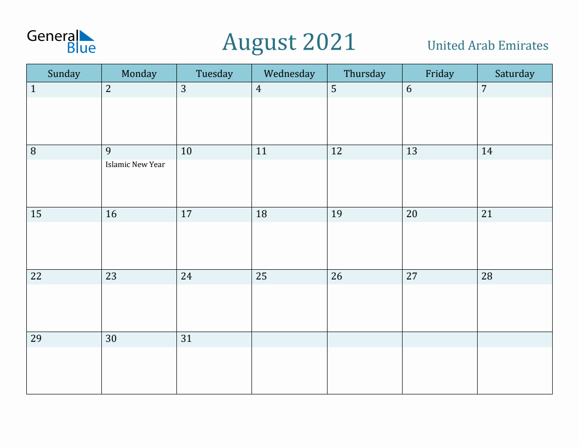United Arab Emirates Holiday Calendar for August 2021