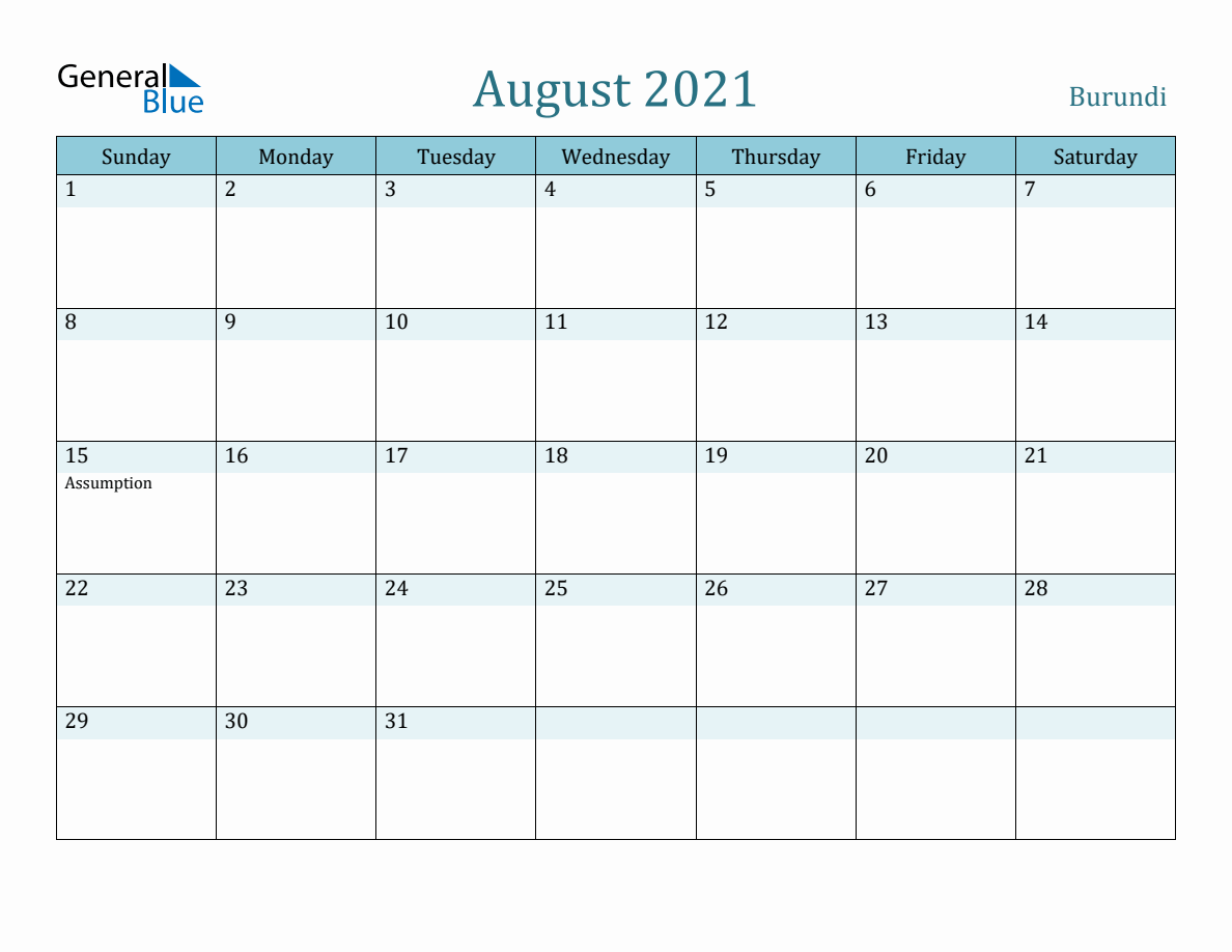 Burundi Holiday Calendar for August 2021