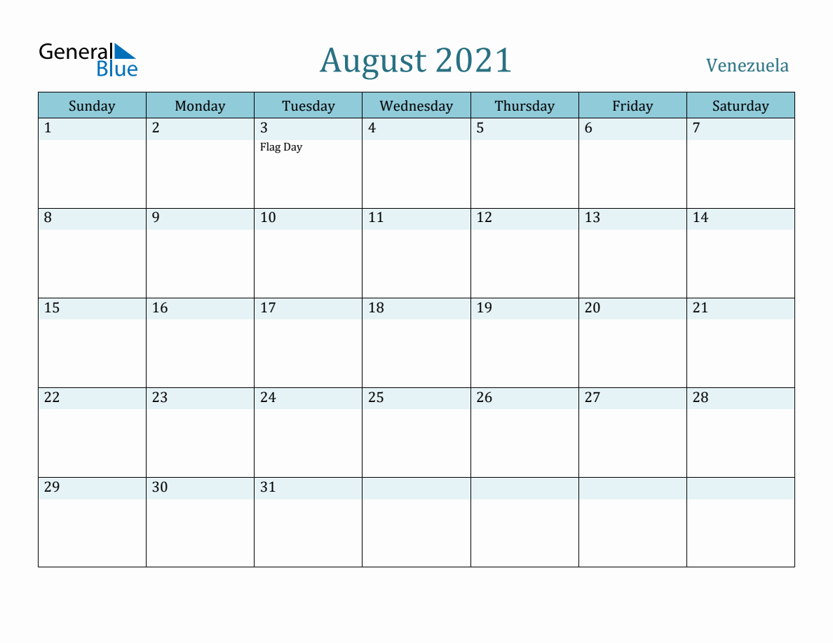 Venezuela Holiday Calendar for August 2021