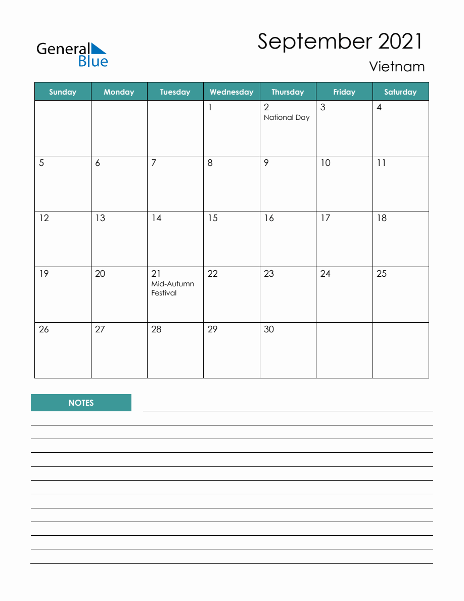 Monthly Planner with Vietnam Holidays - September 2021