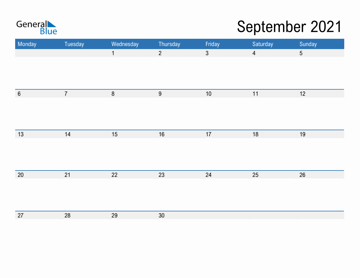Editable Calendar Template for September 2021 - Monday Start