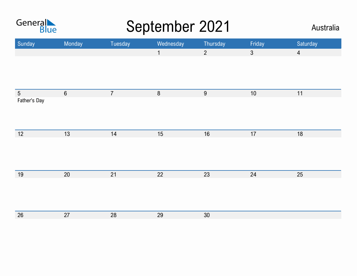 September 2021 Monthly Calendar with Australia Holidays