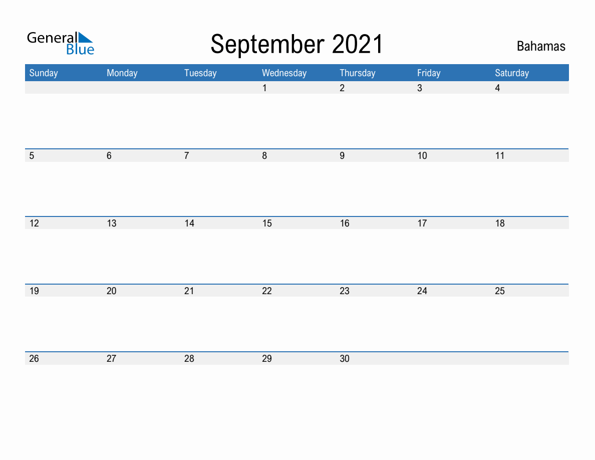 September 2021 Monthly Calendars with Bahamas Holidays