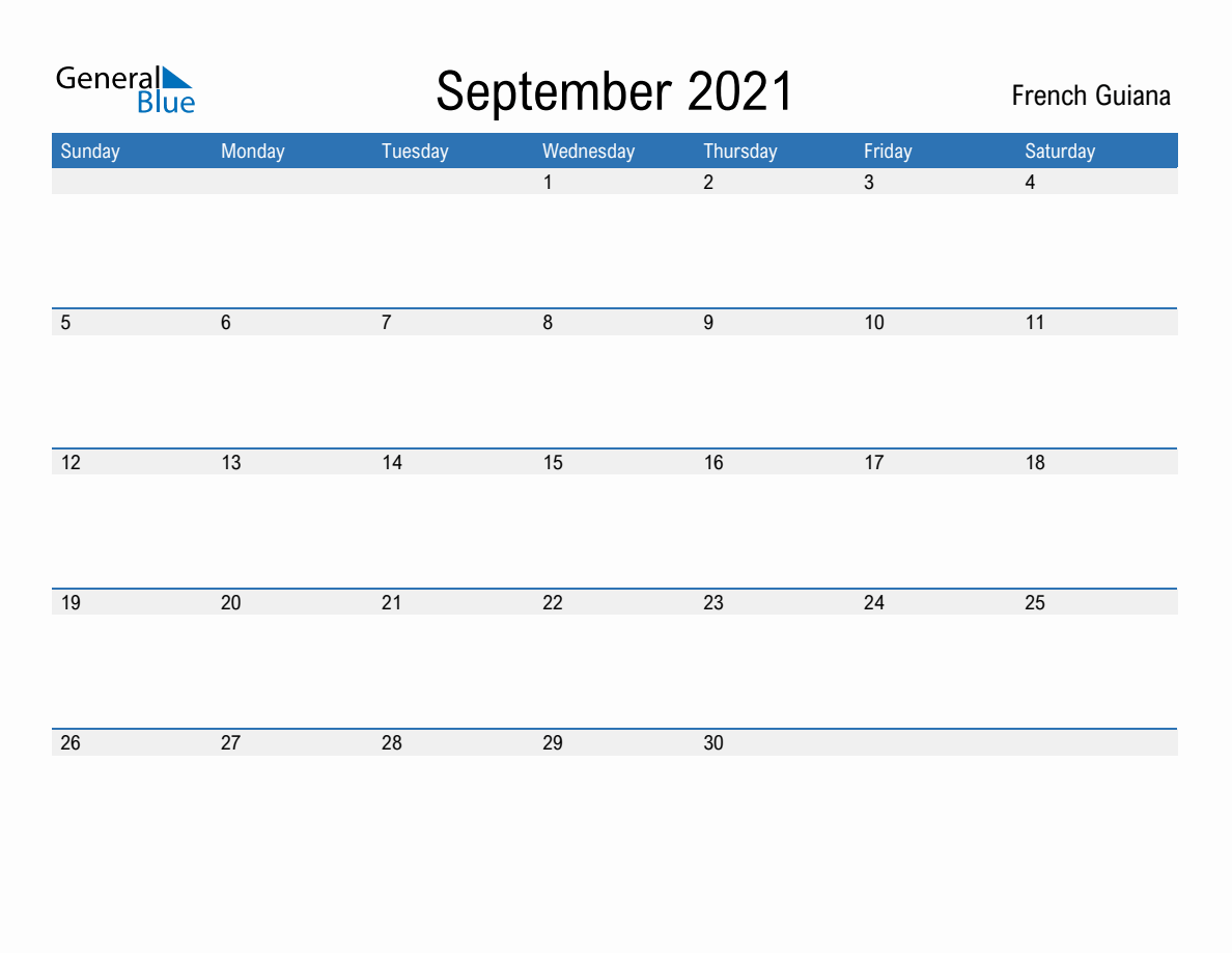 Editable September 2021 Calendar with French Guiana Holidays
