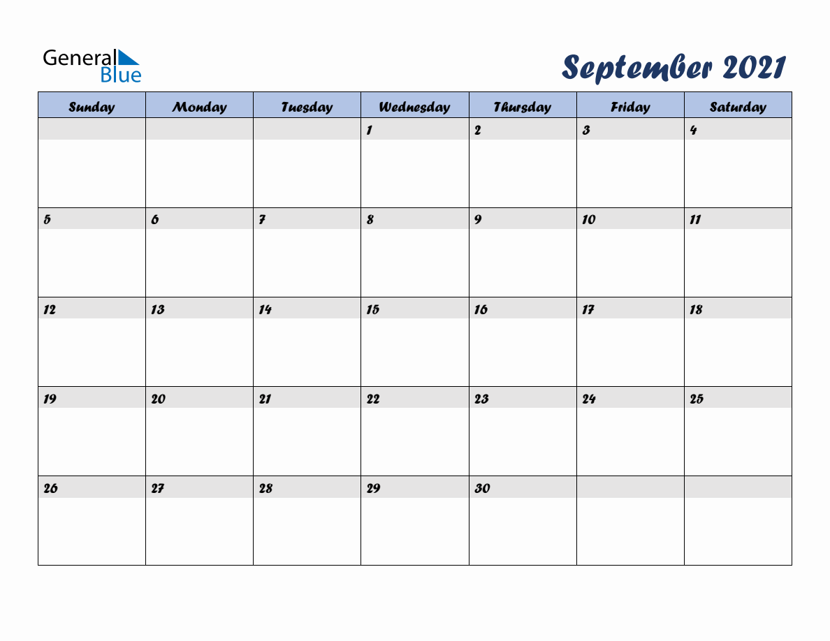 Free September 2021 Monthly Editable Calendar, starting on Sunday