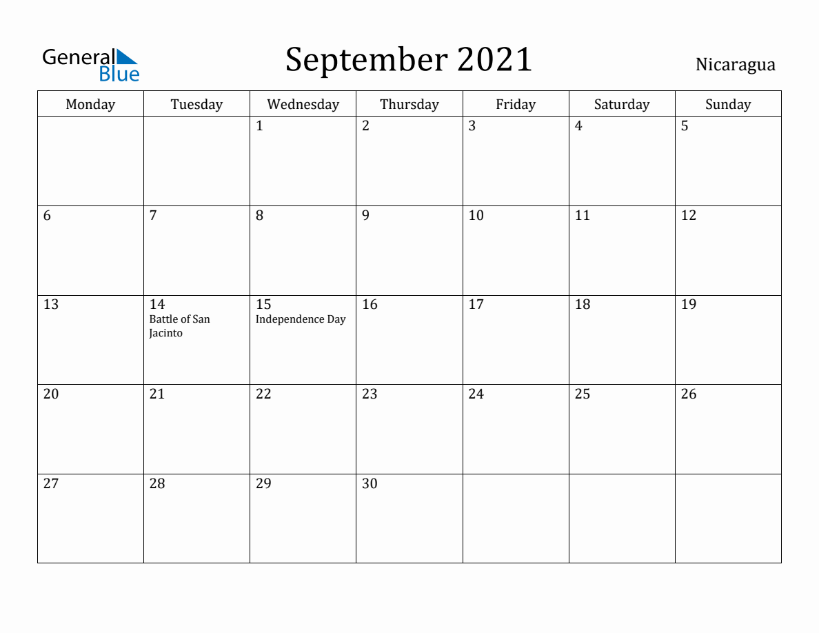 September 2021 Monthly Calendar with Nicaragua Holidays